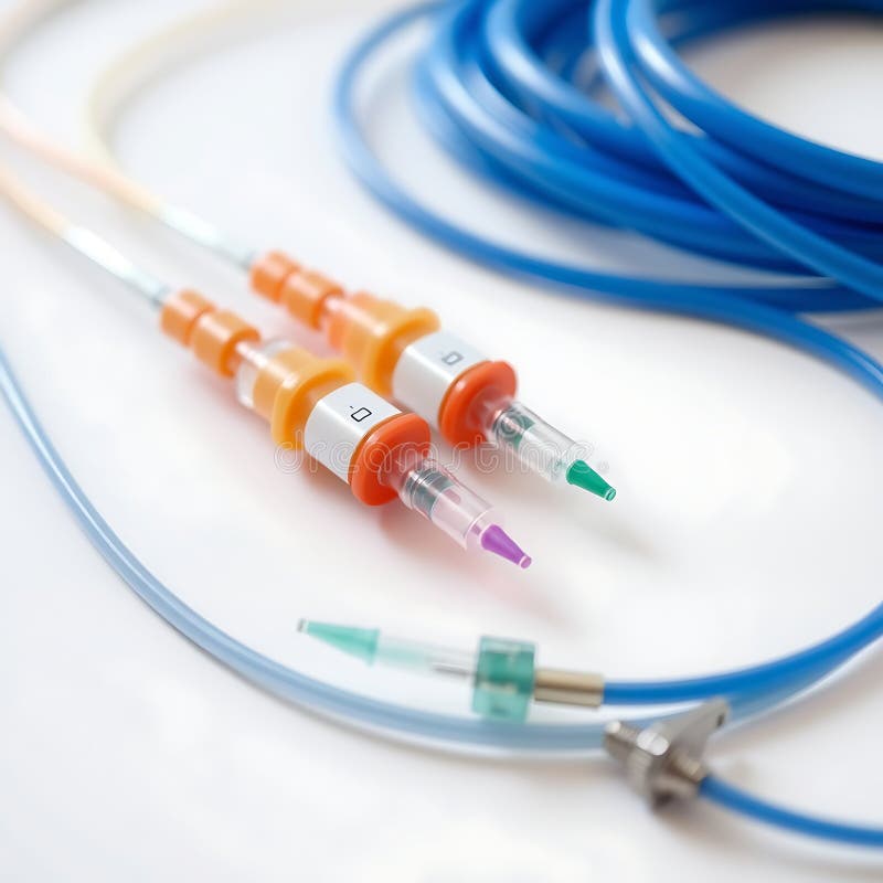 A Set of Color Coded IV Lines with Flow Regulators and Clamps on a ...