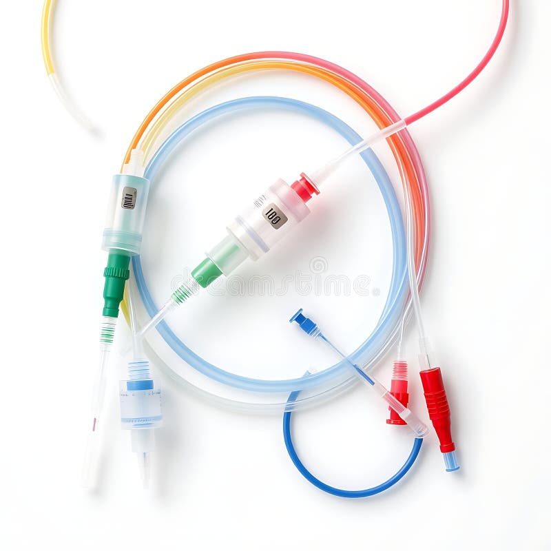 A Set of Color Coded IV Lines with Flow Regulators and Clamps on a ...