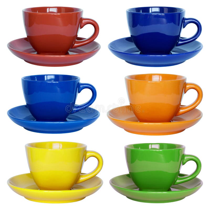 Set of Color Cups and Saucer Isolated on White Stock Photo - Image of ...