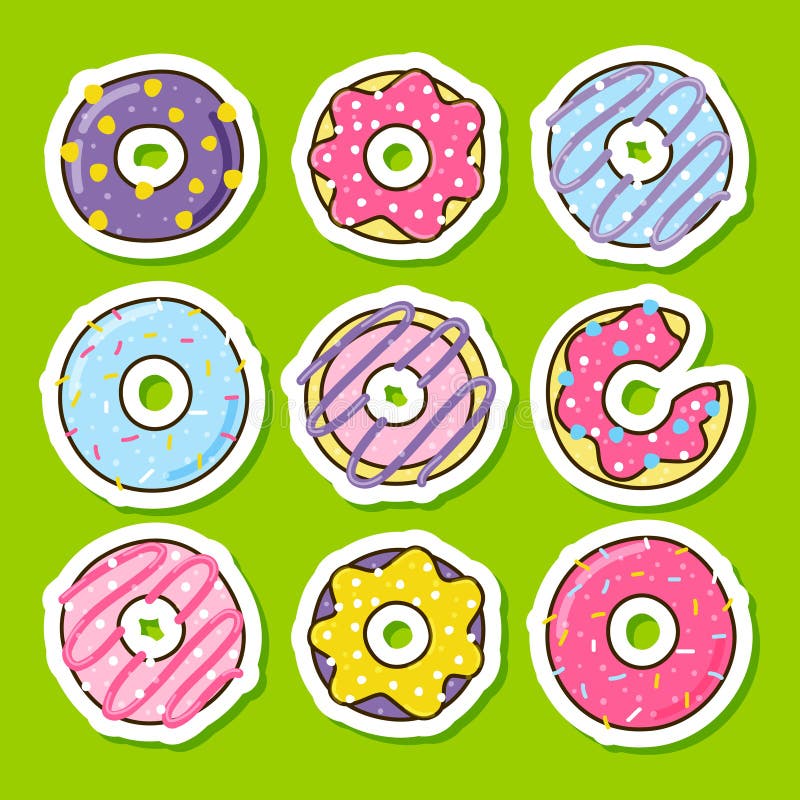 Set of Color Donuts Stickers Stock Vector - Illustration of pastry ...