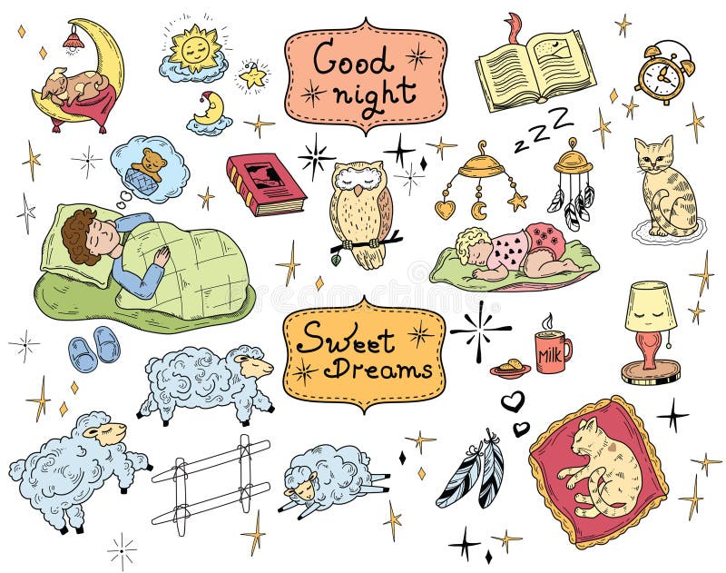 A Set of Color Doodle Drawings of Cute Hand-drawn on the Theme of Sleep ...