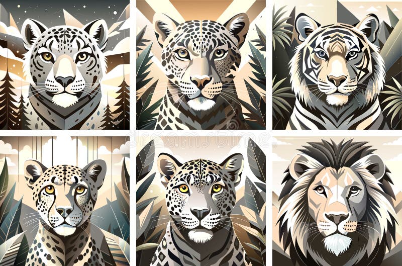 A Set of Color Illustrations with Different Types of Wild Cats Stock ...