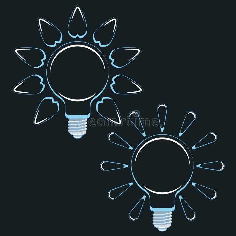 Set of Color Illustrations with Light Bulbs, Rays and Leaves, Green ...