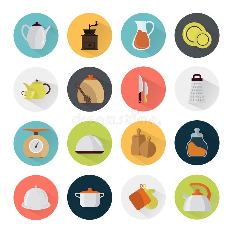 Set of Color Kitchen Icons on Color Round Backgrounds Stock Vector ...