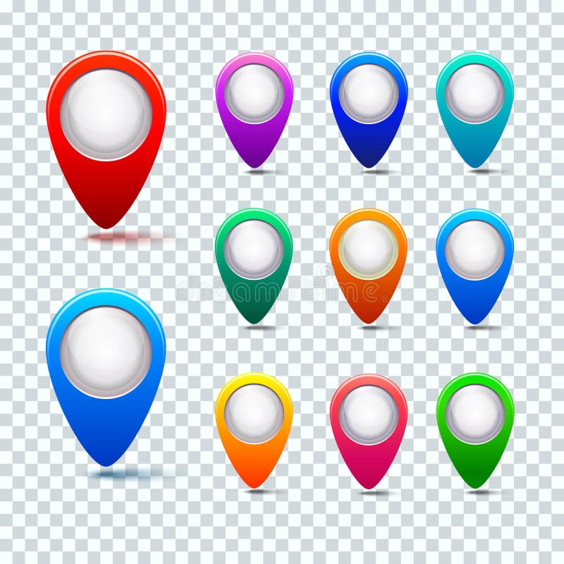 Set of Color Map Markers on Transparent Checkered Background. Stock ...