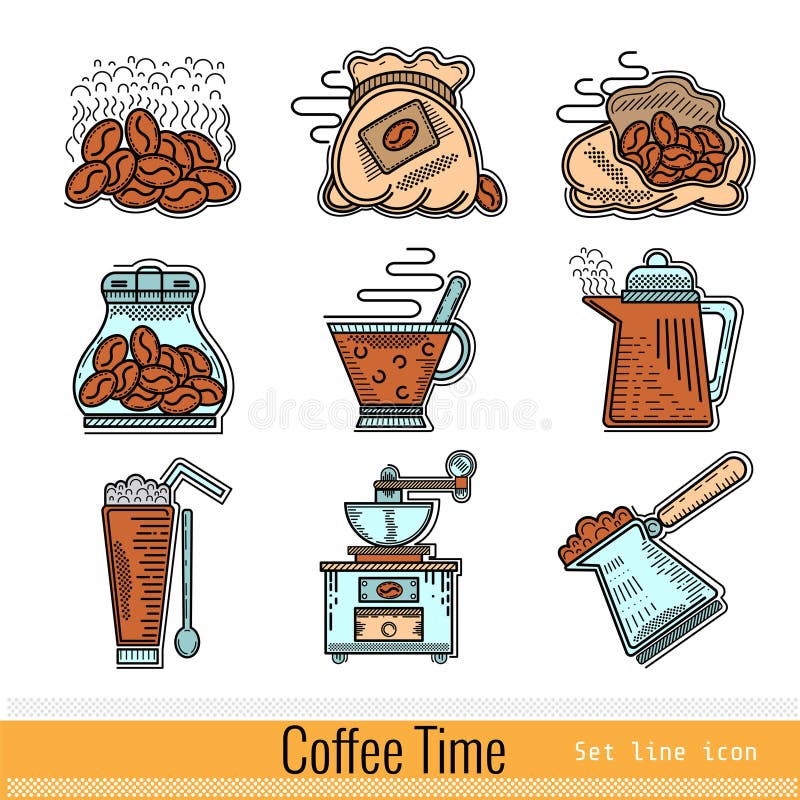 Set of Color Outline Web Icon. Coffee Time Stock Vector - Illustration ...