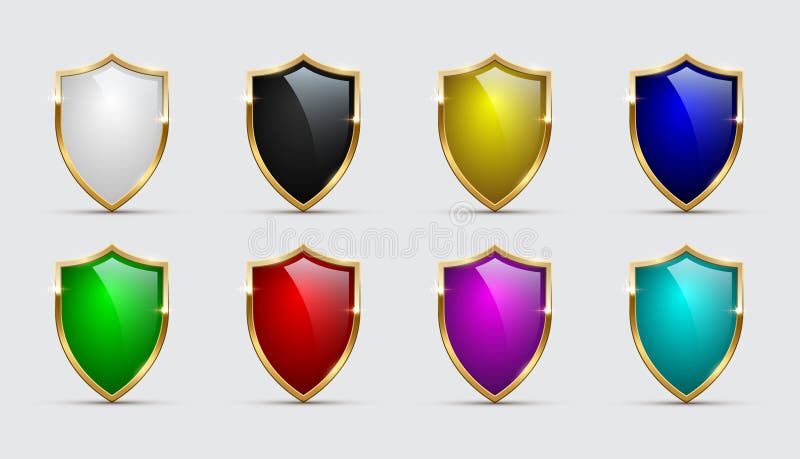 Set Of Color Shields Icons With Golden Frames Isolated On White