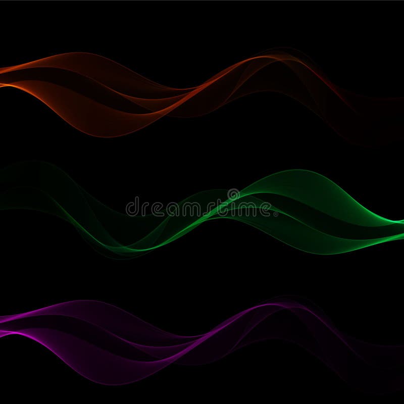 Set of Color Smoky Abstract Waves on a Black Background. Vector Design ...