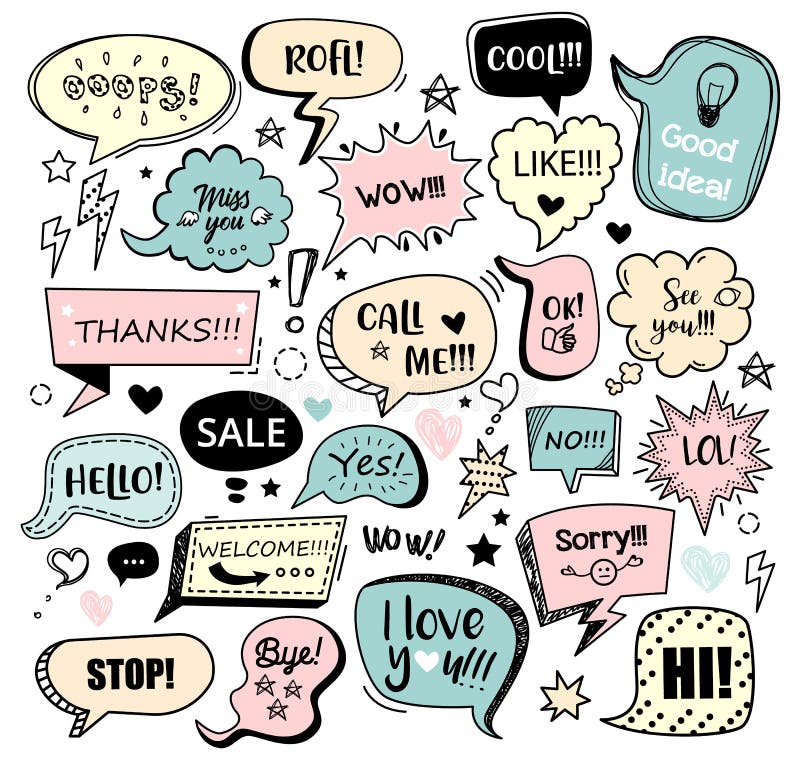 Set of Color Speech Bubbles with Different Words in Doodle Style for ...