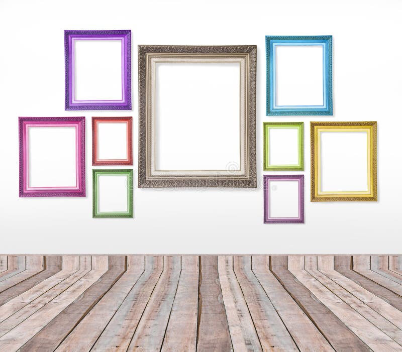 Set of Color Vintage Picture Frames on the Wall Stock Photo - Image of ...