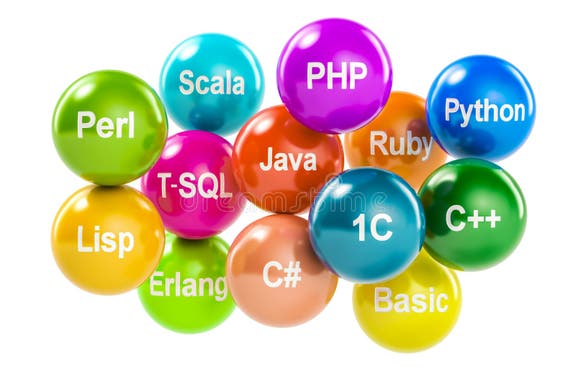 Set of Colored Balls with Programming Languages Names, 3D Render Stock ...