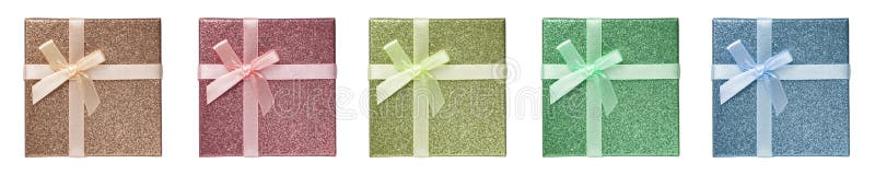 Set of Colored Boxes with Gifts on White Isolated, Top View Stock Photo ...