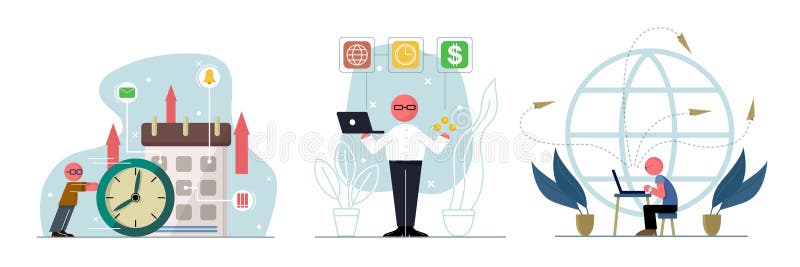 Set of Colored Cartoon Characters Organizing and Managing Their Time ...