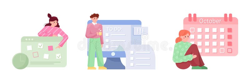 Set of Colored Cartoon Characters Organizing Their Time Stock Vector ...