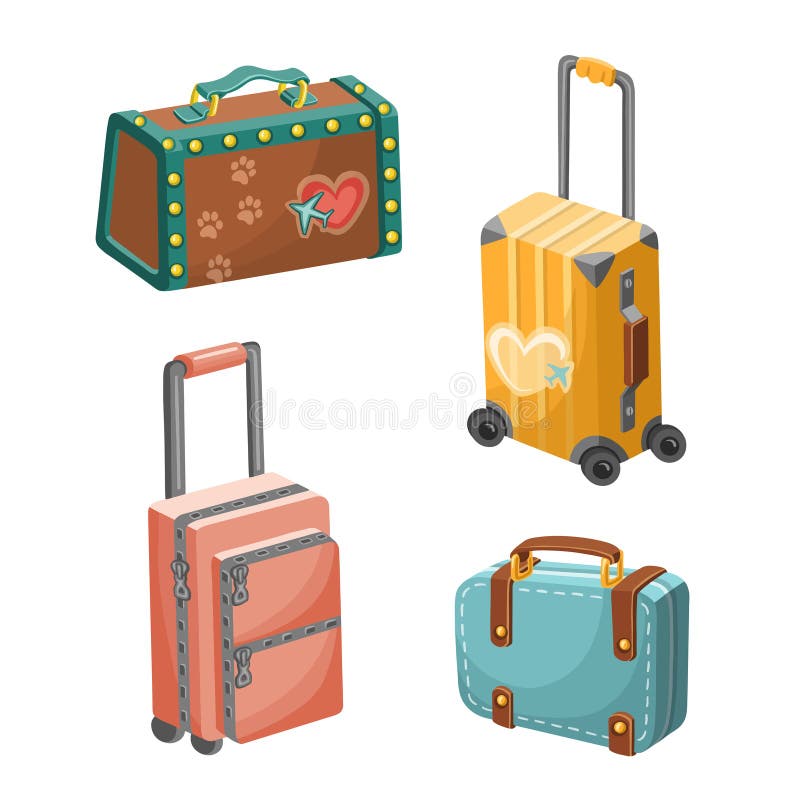 Set of Colored Cartoon Style Suitcases Isolated on a White Background ...