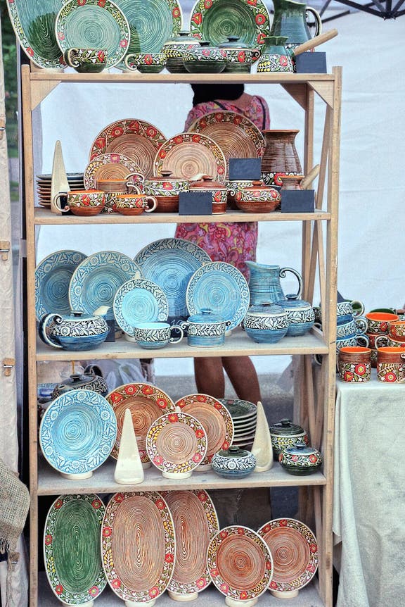 A Set of Colored Dishes from Ceramic Plates with Patterns Stock Photo ...