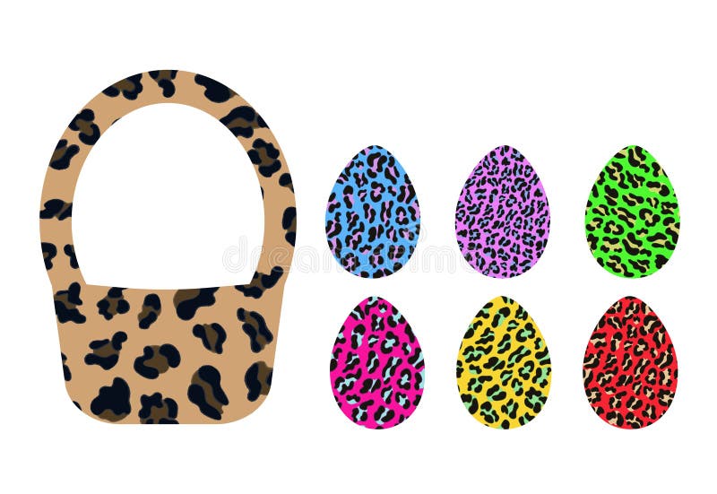 Set of Colored Eggs and Basket in Stylized Leopard Print Stock Vector ...