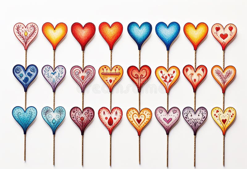 A Set of Colored Hearts, Painted Inside with Different Patterns. Pencil ...