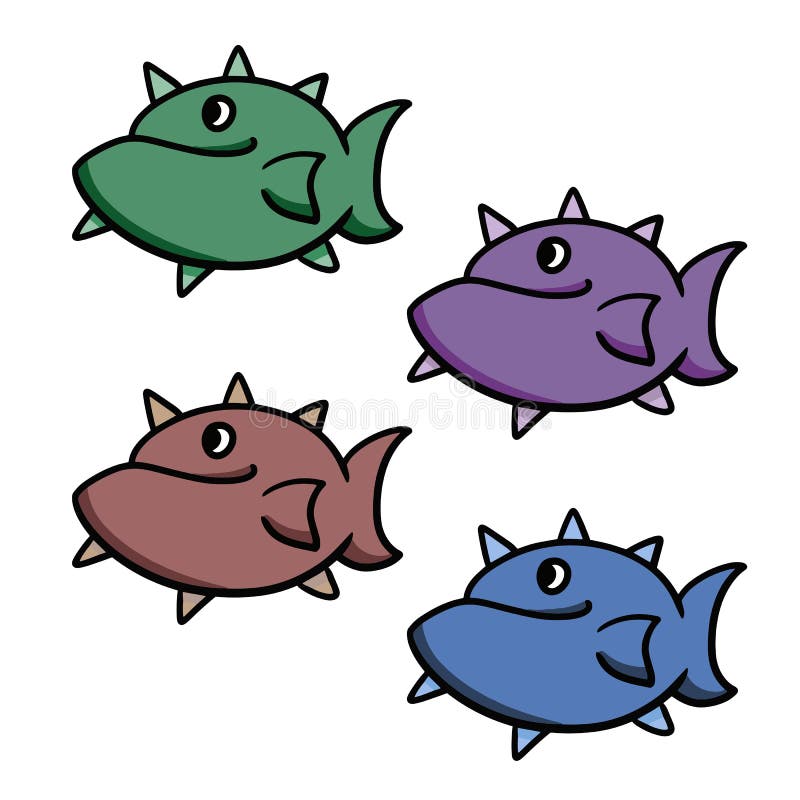 A Set of Colored Icons, a Large Fish with Sharp Spikes, Vector Cartoon ...