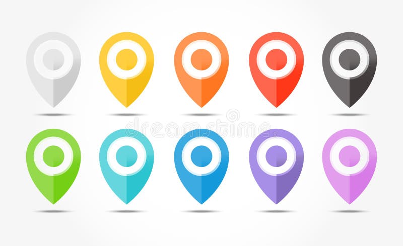 Set of 10 Colored Map Pin Icons with Shadows. Stock Illustration ...