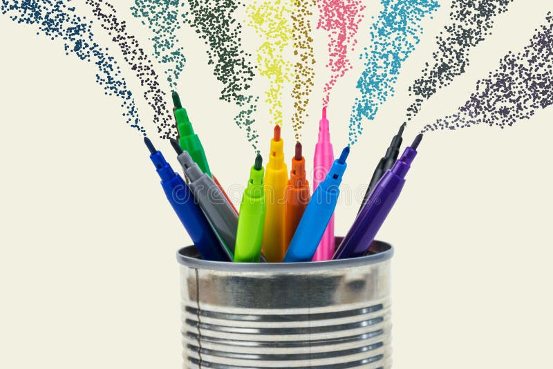 A Set of Colored Markers on a Light Background with Flying Paint. Stock ...