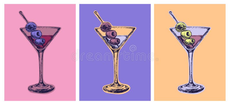 Set of Colored Martini Cocktails with Olives Vector Illustration Stock ...