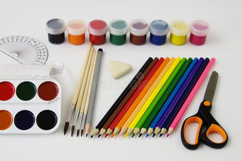 A Set of Colored Paints, Brush, Pencil, Scissors and Eraser Stock Image ...