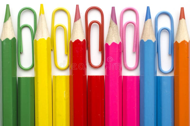 Set of Colored Pencils and Paper Clips Isolated on White Stock Image ...
