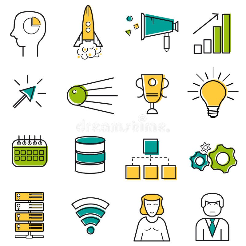 Set Colored Server and Startup Line Icons Stock Illustration ...