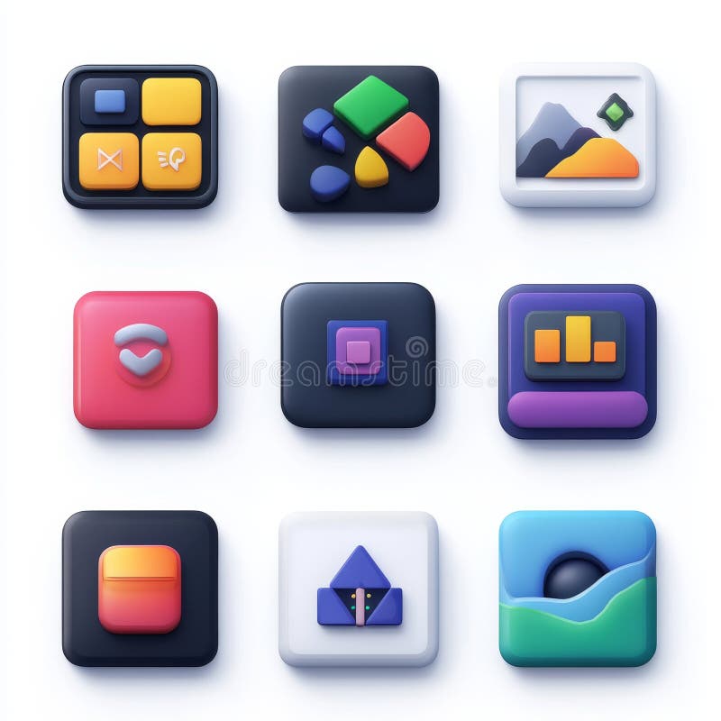 Set of Colored Square Buttons with Icons on White Background. Vector ...