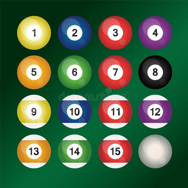 Colorful Billiard Balls with Numbers and Various Pool Cues on Green ...