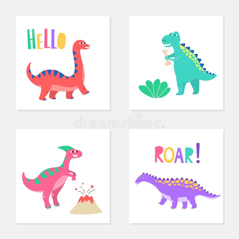 Set of Colorful Cards with Cartoon Dinosaurs Stock Vector ...