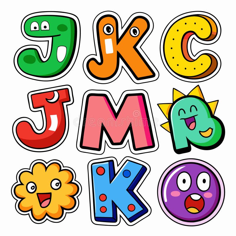 A Set of 9 Colorful Cartoon Alphabet Letters with Funny Face Stock ...