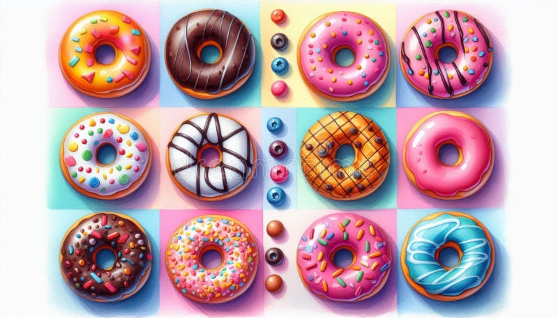 Set of Colorful Donuts with Glaze and Sprinkles Arranged in Grid ...