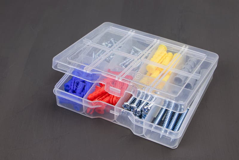 Set of Colorful Dowel, Screw, Fastener. a Box with Dowel, Bolt and ...