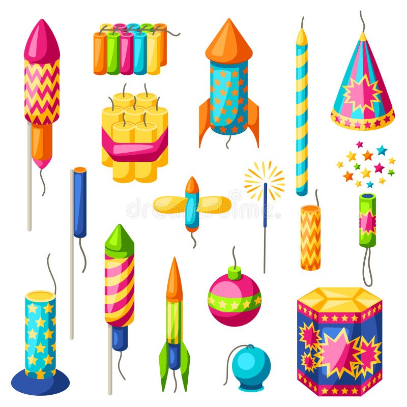 Set of Colorful Fireworks. Different Types of Pyrotechnics, Salutes and ...