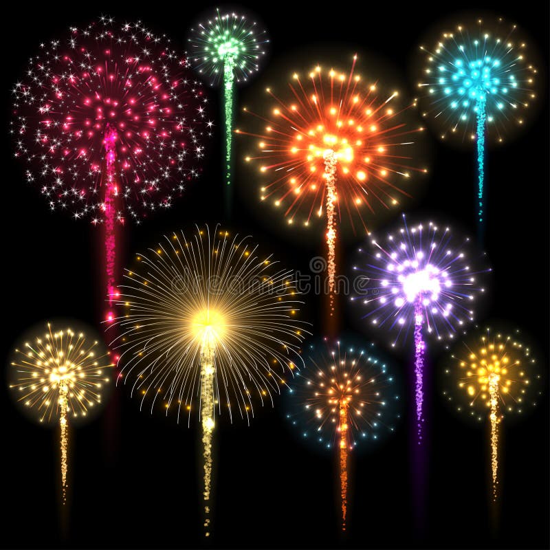 Set of Colorful Fireworks. Vector Illustration. Stock Vector - Illustration of night, display ...