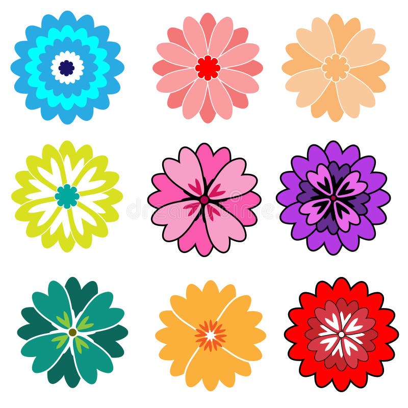Set of Colorful Flower Icons with Overlapping Petals Stock Illustration ...