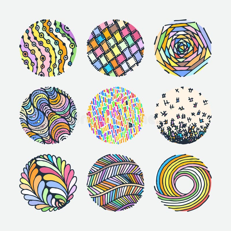 Set of Colorful Grunge Halftone Drawing Textures. Random Doodle Circles ...