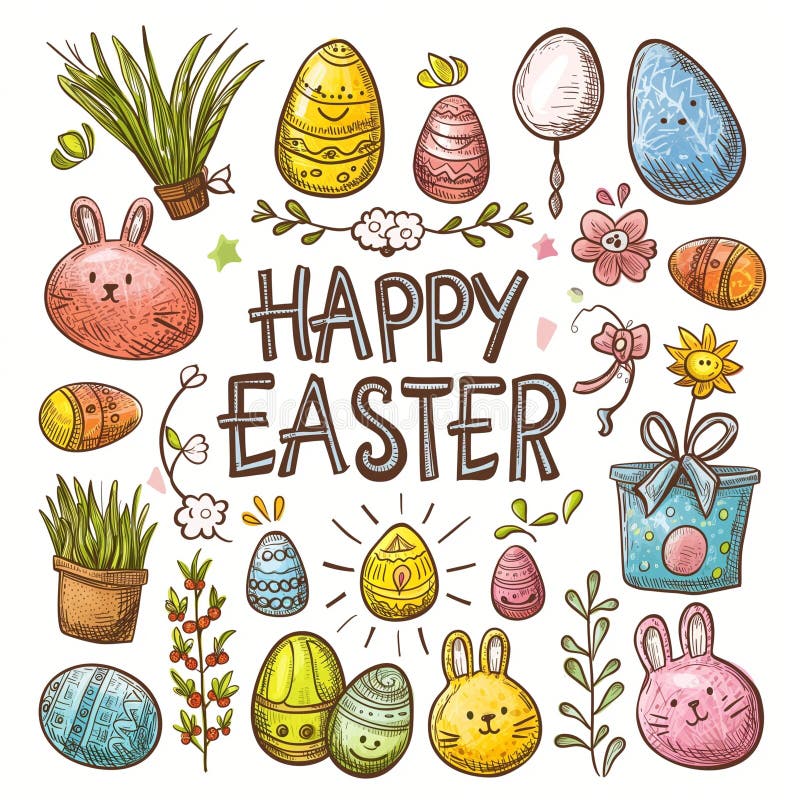 Colorful Hand Draw Style Elements of Easter Festival with Words HAPPY ...