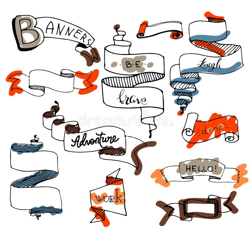 Set of Colorful Hand Drawn Vintage Ribbon Banners. Doodle. Web Design ...