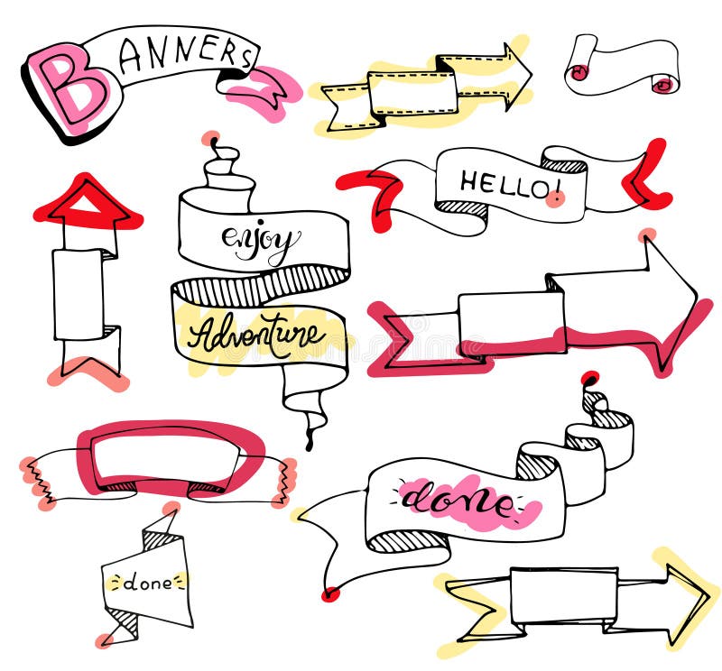 Set of Colorful Hand Drawn Vintage Ribbon Banners. Doodle Stock Vector ...