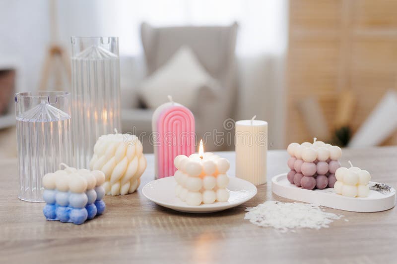Set of Colorful Handmade Candles on the Table Stock Image - Image of ...