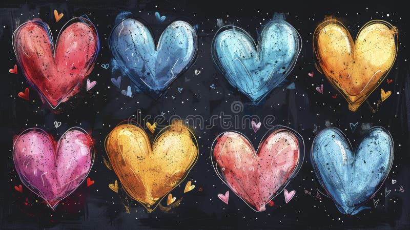 A Set of Colorful Hearts Drawn by Paint on a Black Background. Stock ...