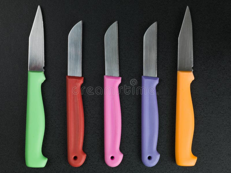 Set of Colorful Kitchen Knives Stock Photo - Image of overhead, knives ...