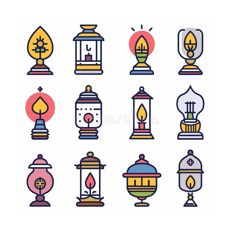 Set Colorful Lanterns Lamps Vector Illustrations, Featuring Various ...