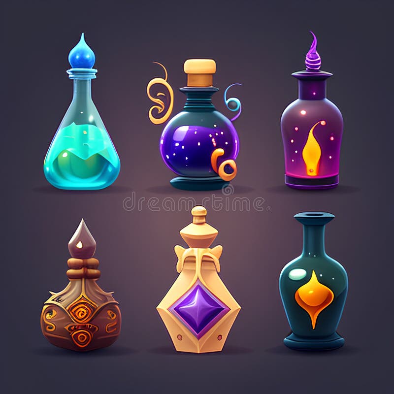 Set of Colorful Magic Potion Bottles. Vector Cartoon Illustration ...
