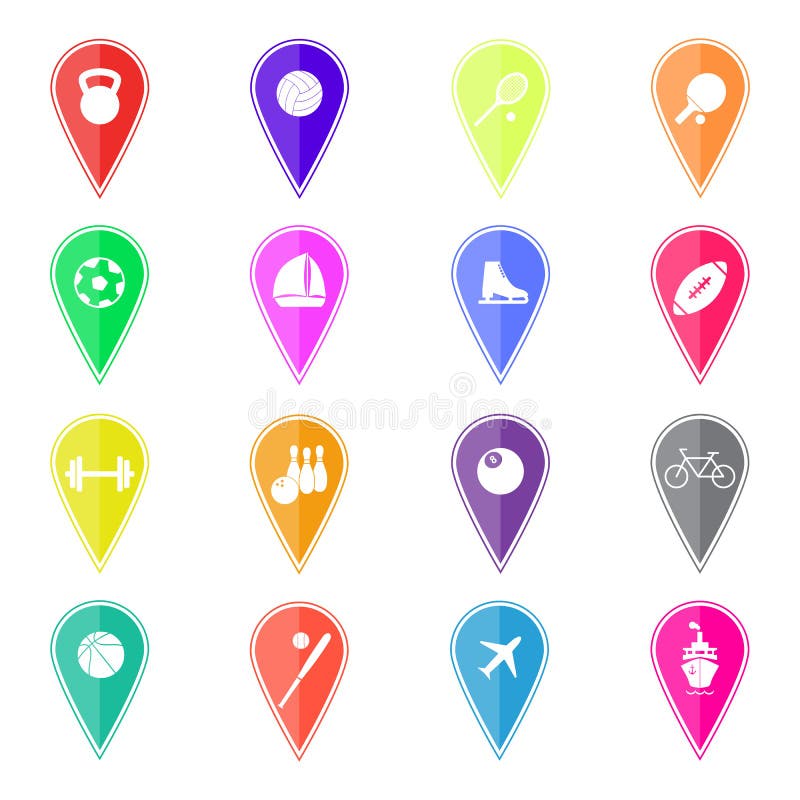 Set of Colorful Map Pointers with Sport Icons. Vector Illustration ...