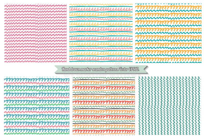 Set of Colorful Marker Seamless Backgrounds. Vector Abstract Waves ...