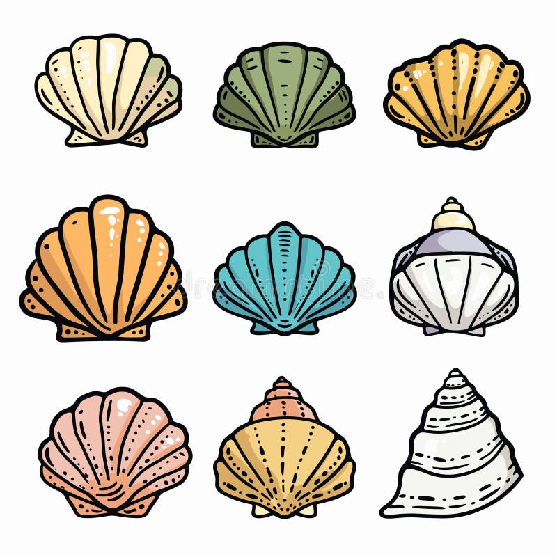 Set Colorful Seashell Illustrations Isolated White Background. Various ...